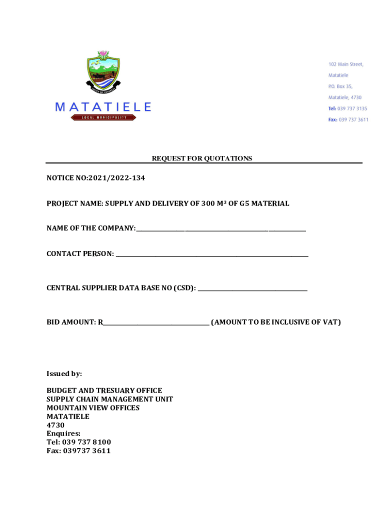 Fillable Online SUPPLY AND DELIVERY OF 300 M3 OF G5 MATERIAL ... Fax ...