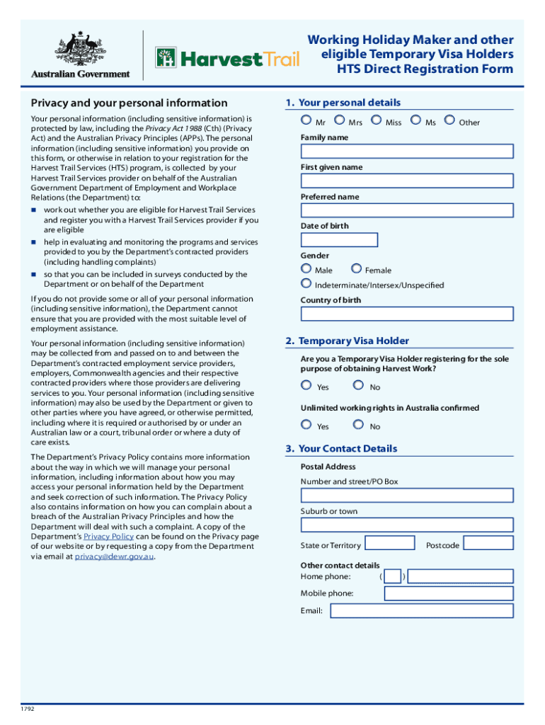 Fillable Online HTS Direct Registration Form for Working Holiday Maker ...