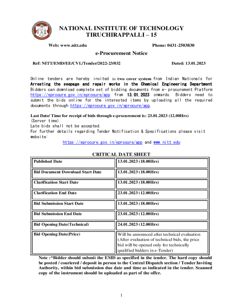 Fillable Online Nit Trichy Tenders - Fill Online, Printable, Fillable ...