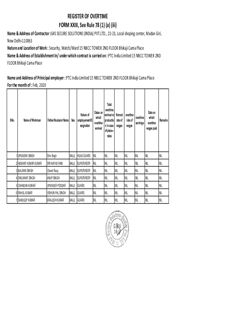 Fillable Online REGISTER OF OVERTIME FORM XXIII, See Rule 78 (1) (a ...