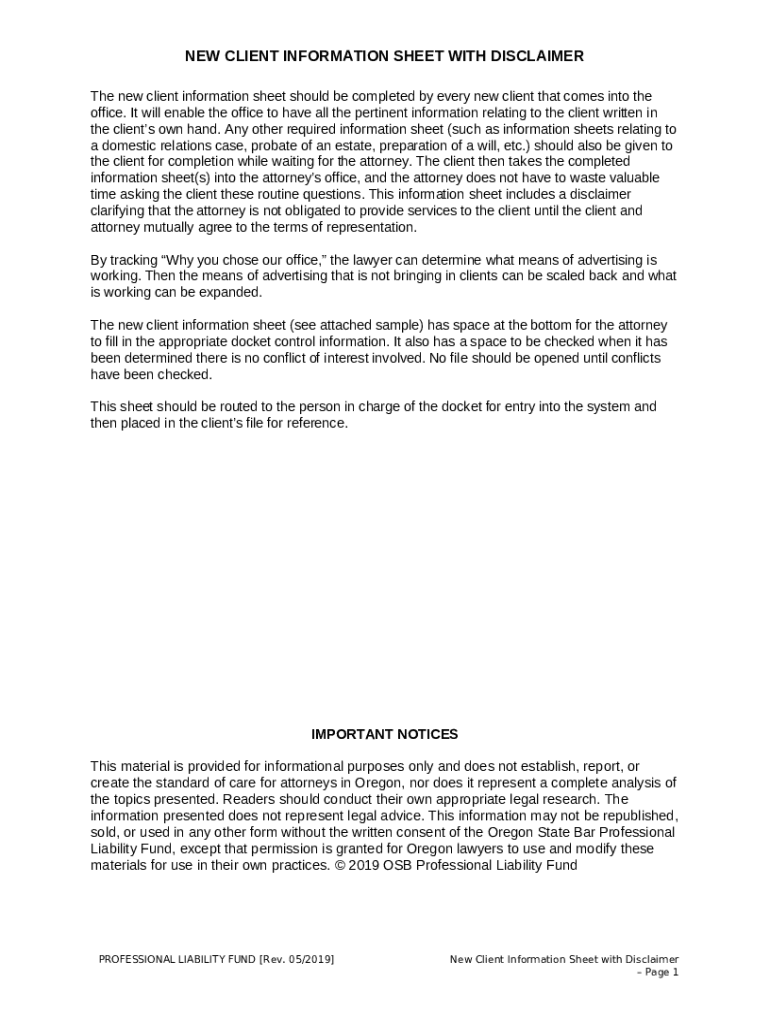 New Client Ination Sheet with Disclaimer Doc Template | pdfFiller