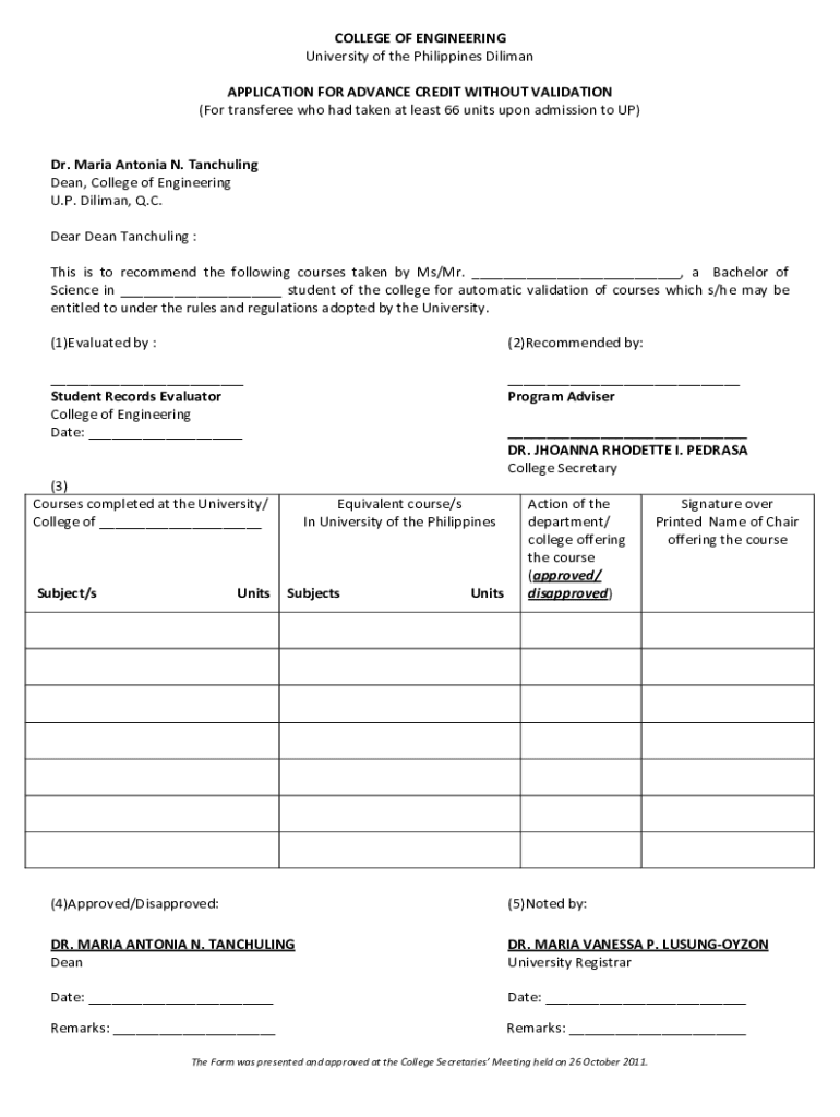 Fillable Online coe upd edu Fillable Online coe upd edu Advance Credit ...