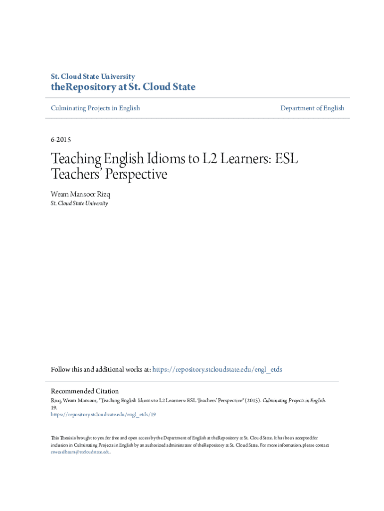 Fillable Online Teaching English Idioms to L2 Learners: ESL Teachers ...