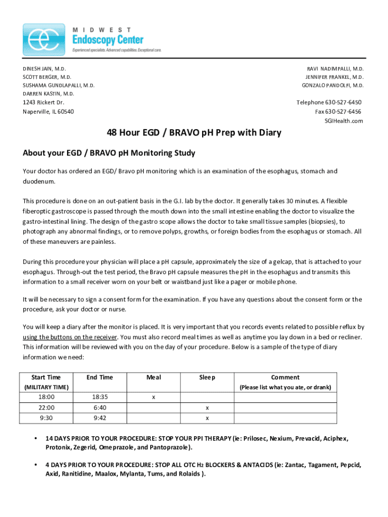 Fillable Online 48 Hour EGD / BRAVO pH Prep with Diary Fax Email Print ...