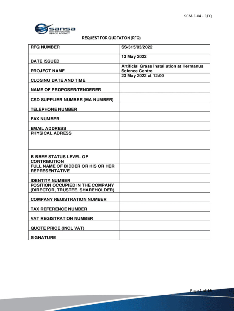 Fillable Online SCM-F-04 - RFQ Page 1 of 15 REQUEST FOR QUOTATION ... Fax Email Print - pdfFiller