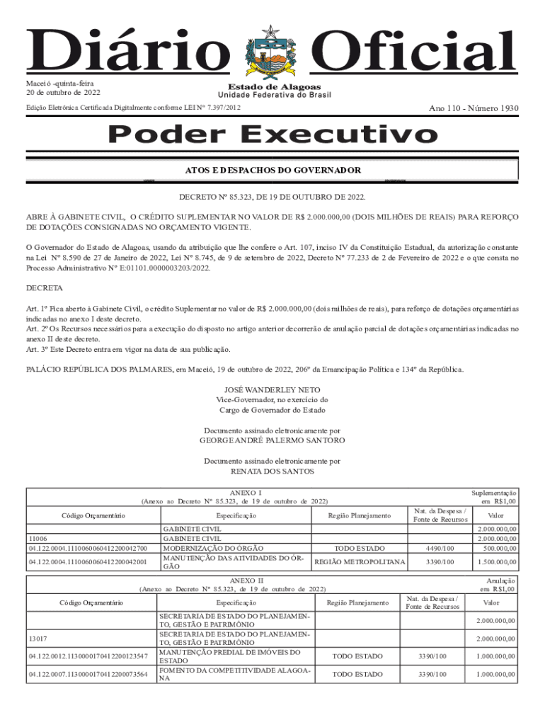 Preenchível Disponível ATOS E DESPACHOS DO GOVERNADOR - PGE-AL Fax Email Imprimir - pdfFiller