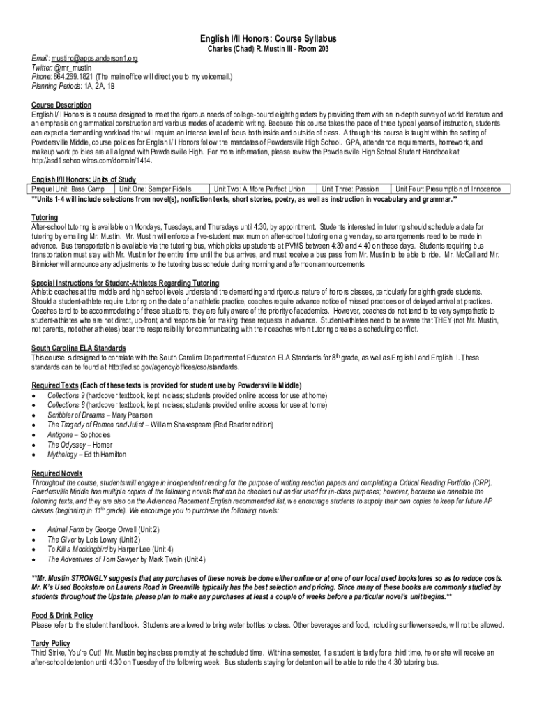 Fillable Online English I/II Honors: Course Syllabus Fax Email Print ...