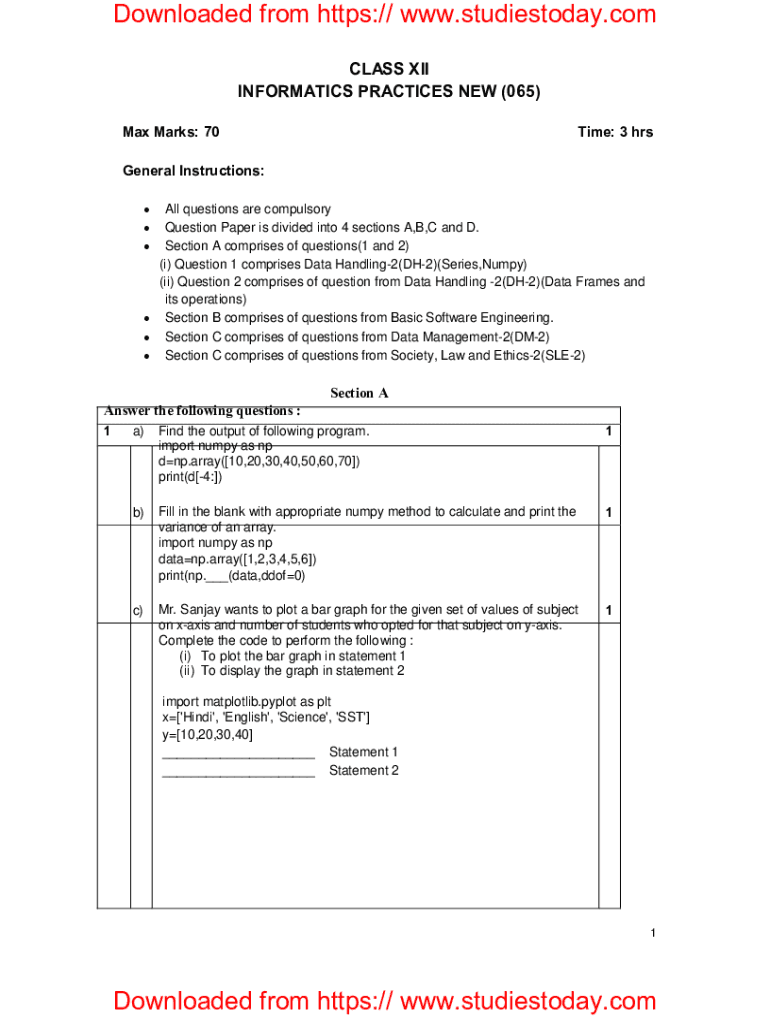 Fillable Online CBSE Sample Paper for Class 12 Informatics Practices Fax Email Print - pdfFiller