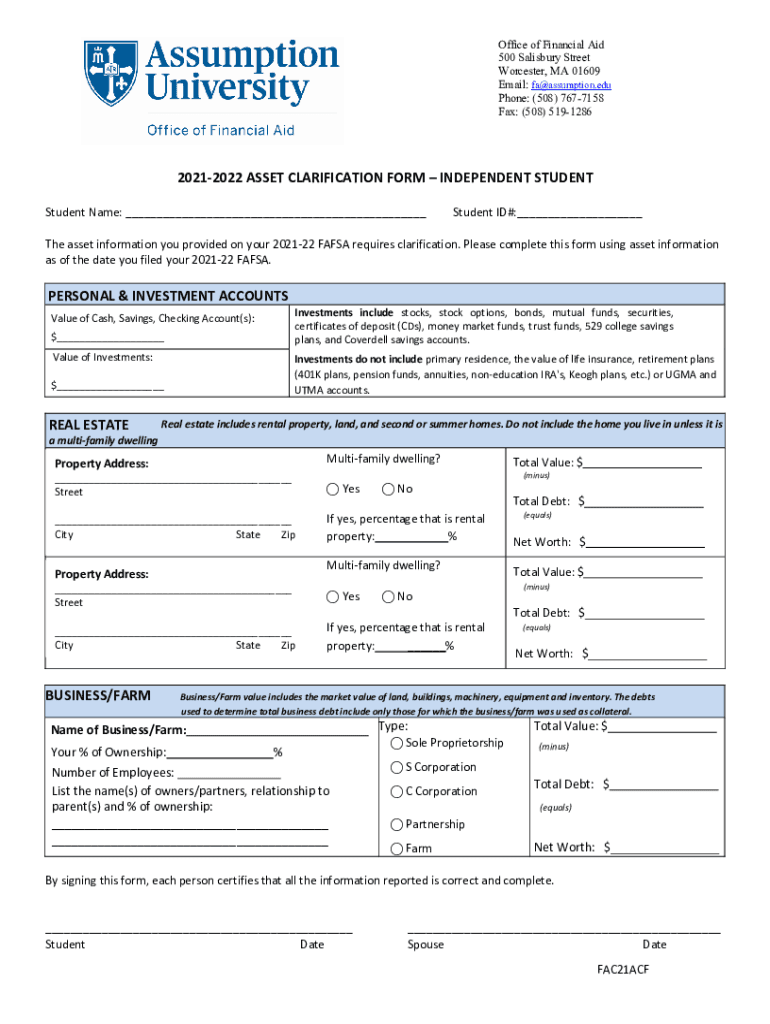 Fillable Online 2021-2022 ASSET CLARIFICATION FORM INDEPENDENT STUDENT Fax Email Print - pdfFiller