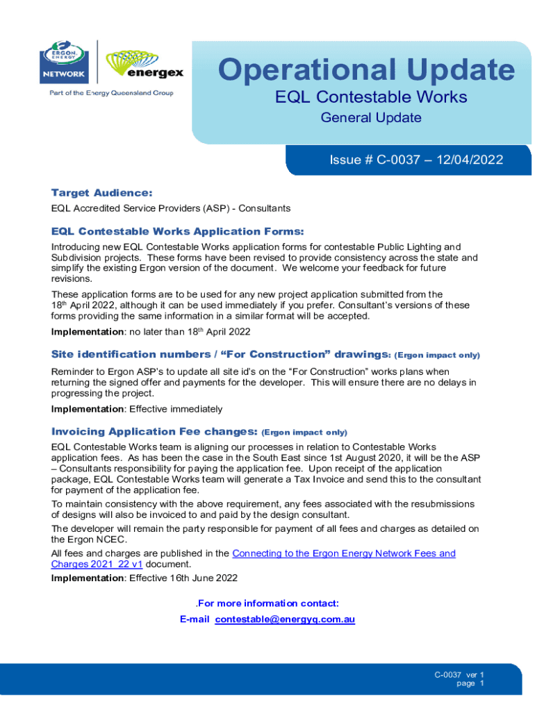Fillable Online C-0037 - EQL - Contestable Works - Operational Update ...