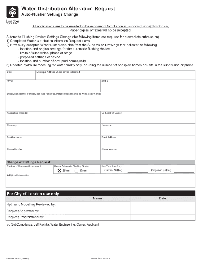 Fillable Online Water Distribution Alteration Request - Auto-Flusher ...