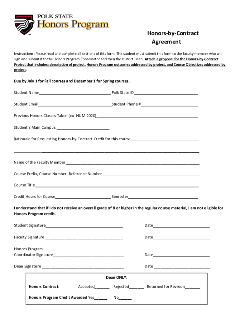 Fillable Online Honors-by-Contract Agreement - Polk State College Fax ...