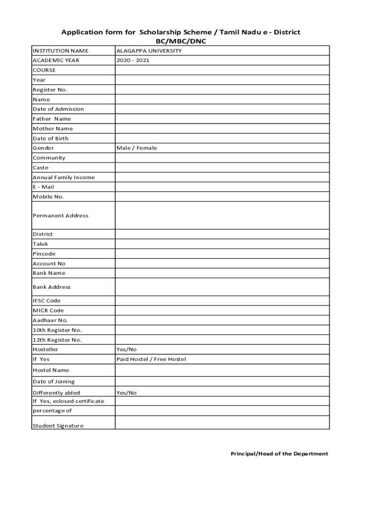 Fillable Online Application form for Scholarship Scheme / Tamil Nadu e - District BC ... Fax ...