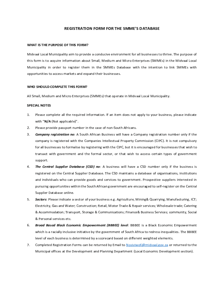 Fillable Online REGISTRATION FORM FOR THE SMME'S DATABASE Fax Email ...