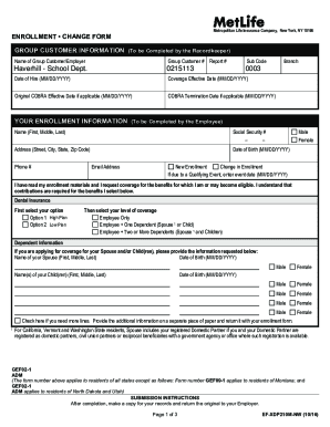 Fillable Online Metlife Enrollment Change Form - Fill and Sign ...