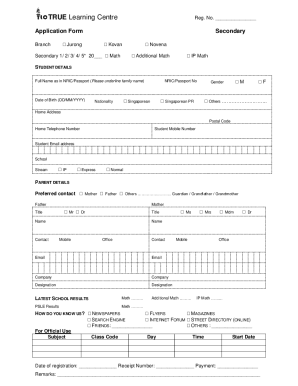 Fillable Online TRUE Learning Centre - Application Form Secondary Fax ...