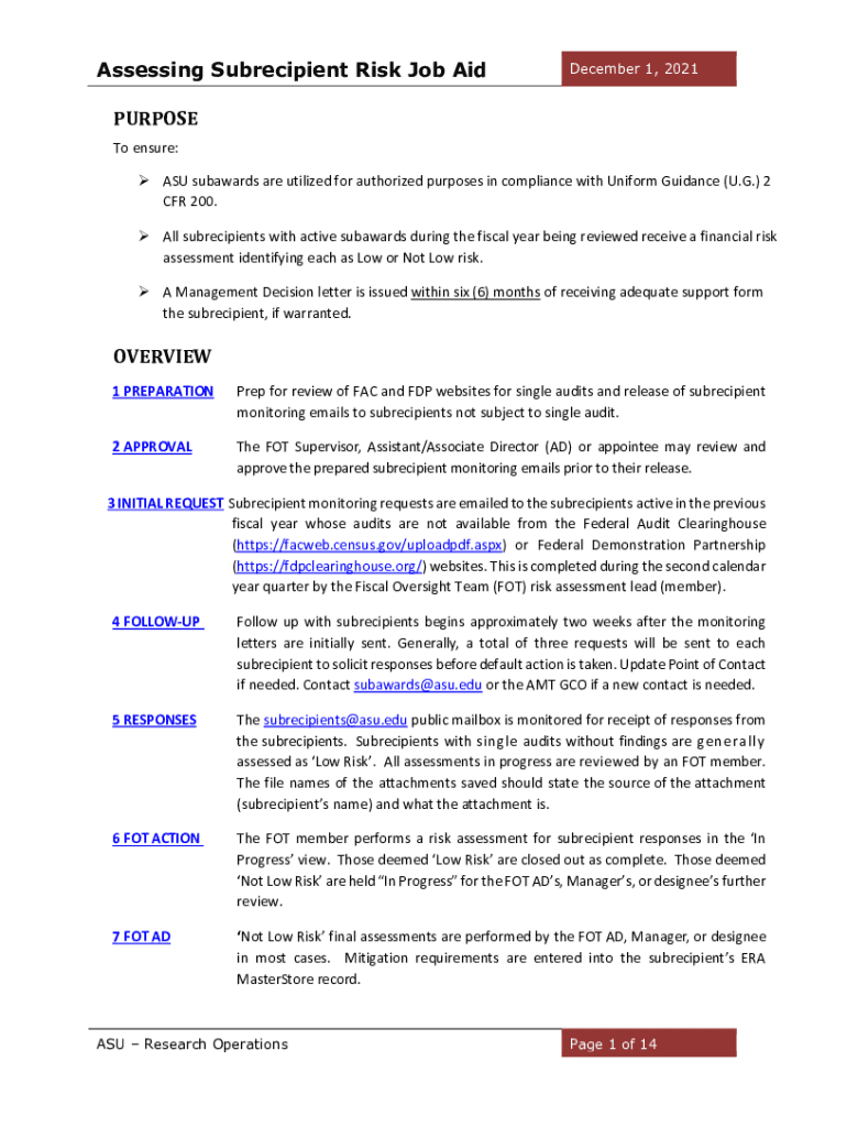 Fillable Online researchadmin asu Assessing Subrecipient Risk Job Aid PURPOSE OVERVIEW Fax Email ...