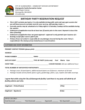 Fillable Online BIRTHDAY PARTY RESERVATION REQUEST Fax Email Print ...