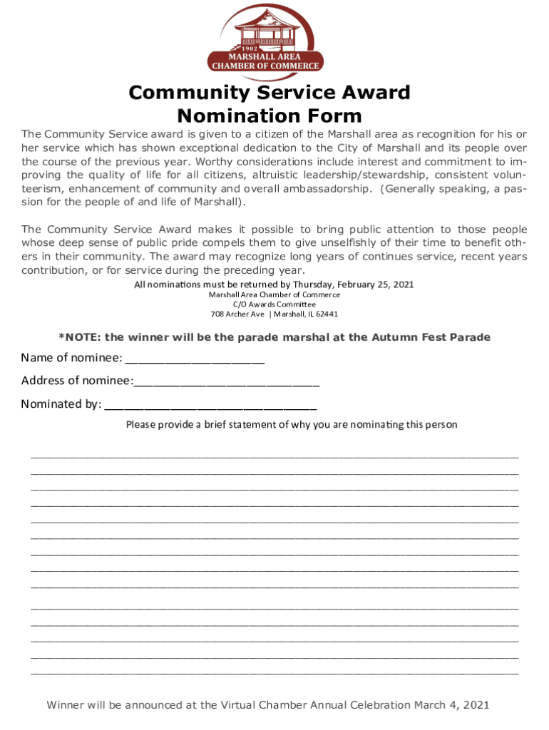 Fillable Online Community Service Award Nomination Form Fax Email Print fillable-online-community-service-award-nomination-form-fax-email-print