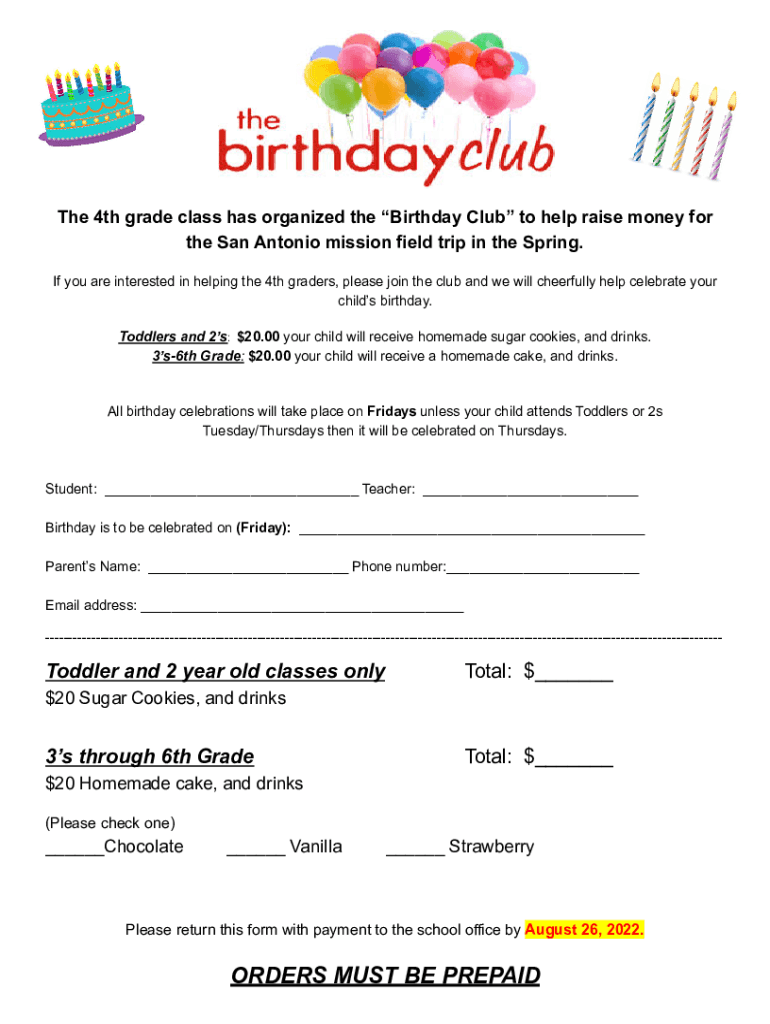 Fillable Online 22-23 Birthday club order form Fax Email Print - pdfFiller