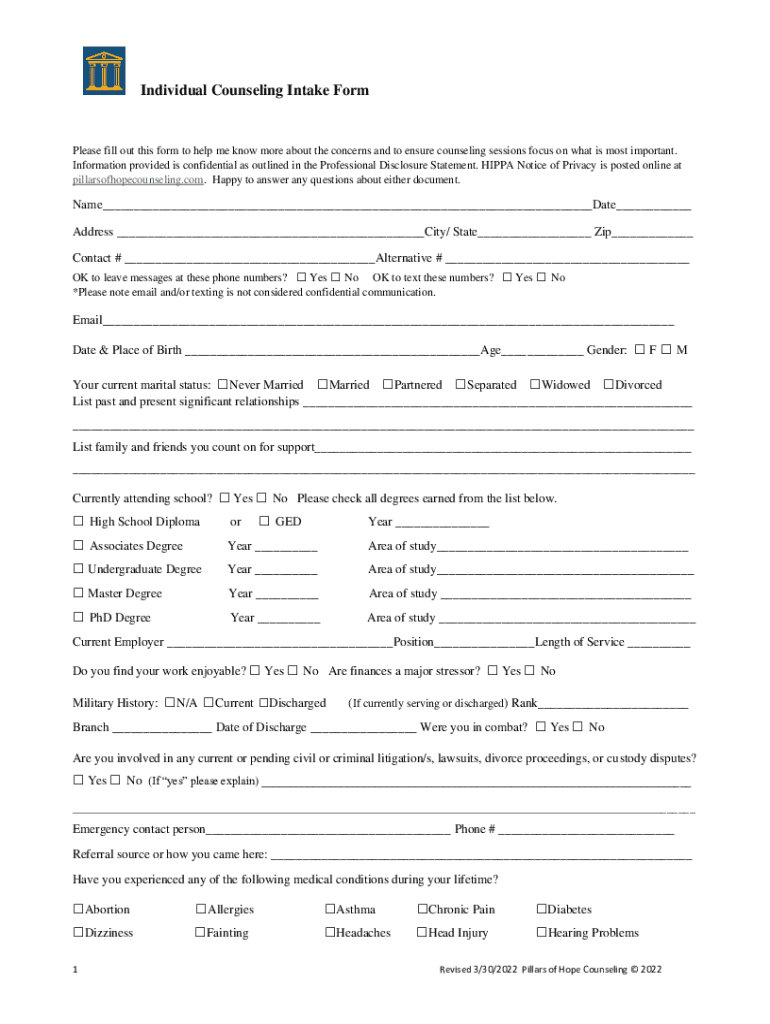 Fillable Online Individual Counseling Intake Form - Showit Fax Email ...