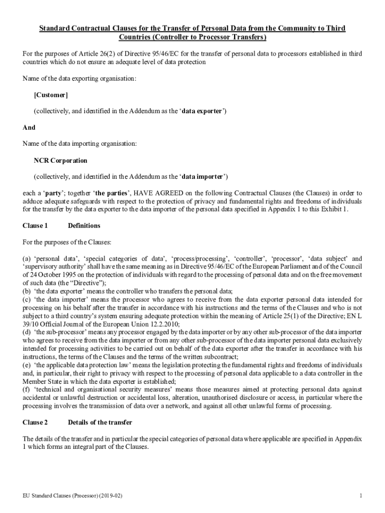 Fillable Online Standard Contractual Clauses for Data Transfers to Third ... Fax Email Print ...