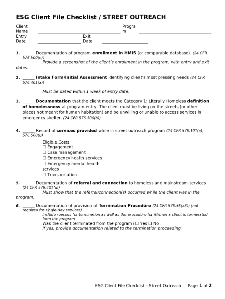 ESG Client File Checklist / STREET OUTREACH Doc Template | pdfFiller