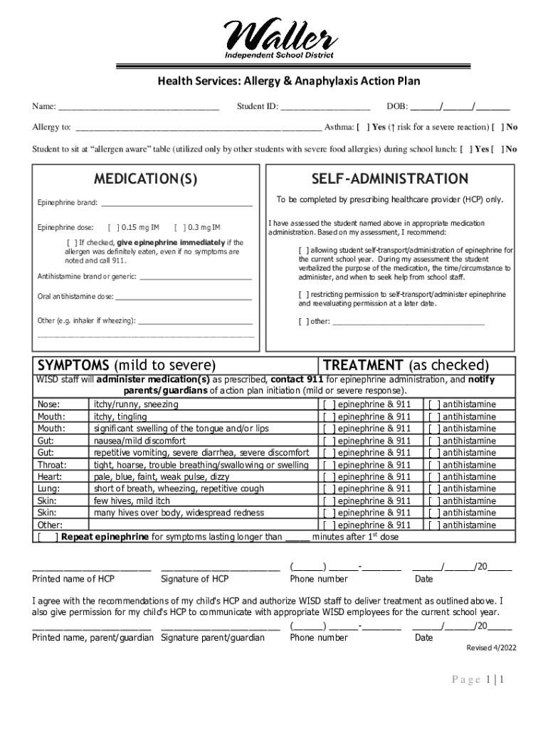 Fillable Online Waller ISD Allergy & Anaphylaxis Action Plan Fax Email ...