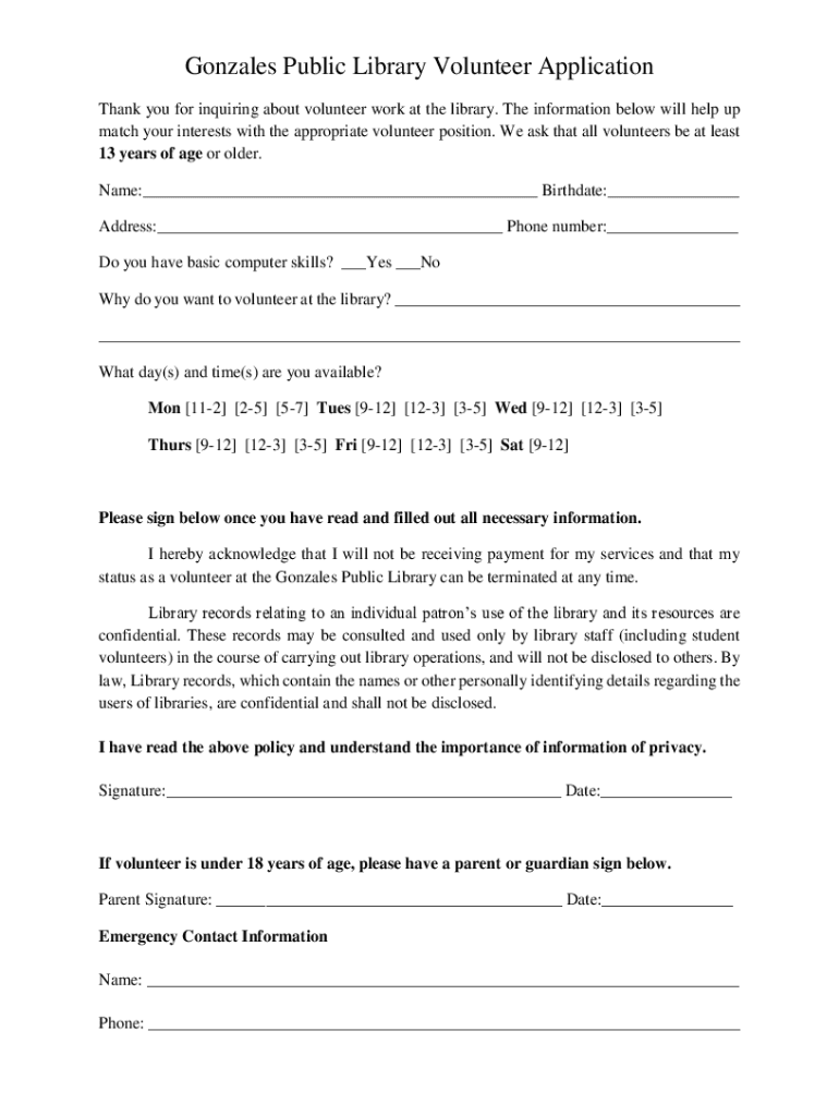 Fillable Online SAN MARCOS PUBLIC LIBRARY VOLUNTEER APPLICATION Fax ...