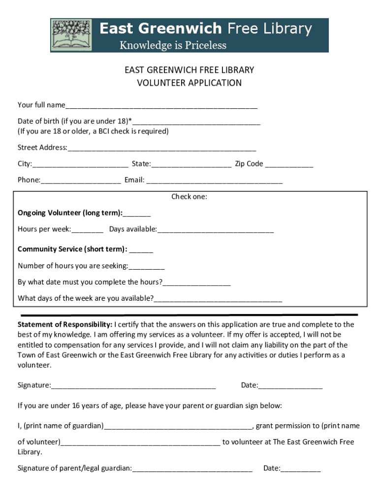 Fillable Online volunteer application.pdf - East Greenwich Free Library ...