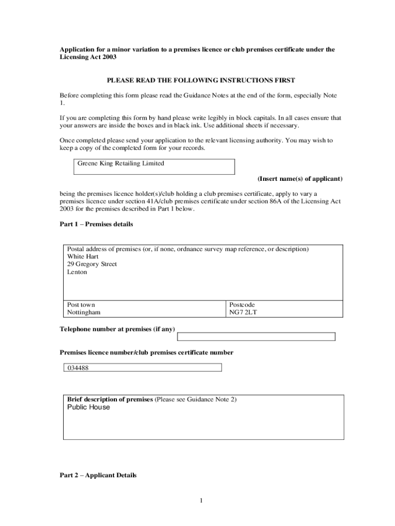 Fillable Online application-for-a-minor-variation-to-a-premises-licence ...