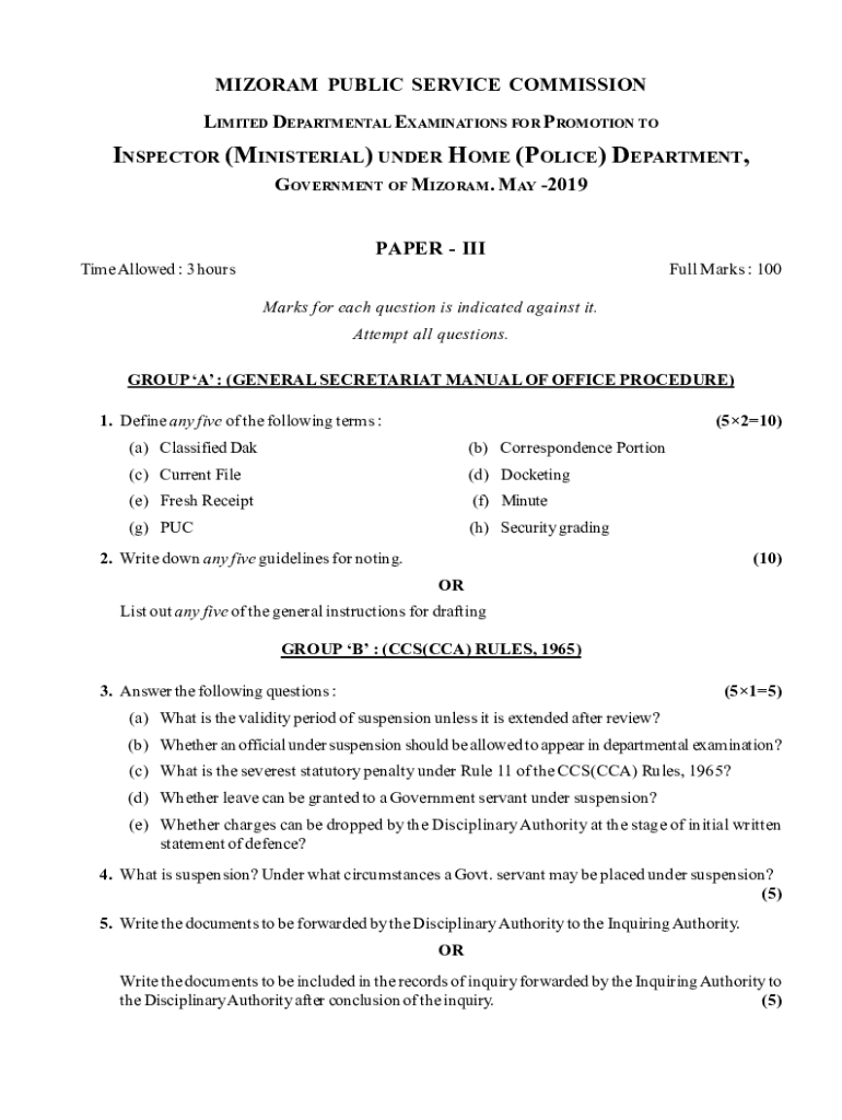 Fillable Online mpsc mizoram gov Paper-III (Inspector-M).pdf - Mizoram ...