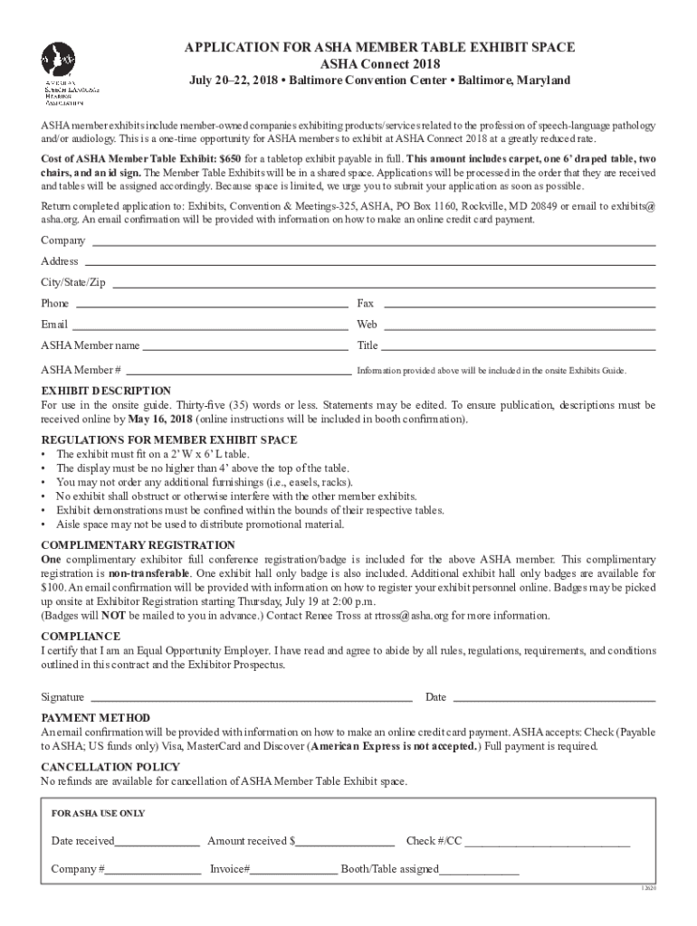Fillable Online ASHA Connect Member Table Exhibit Space Fax Email Print - pdfFiller