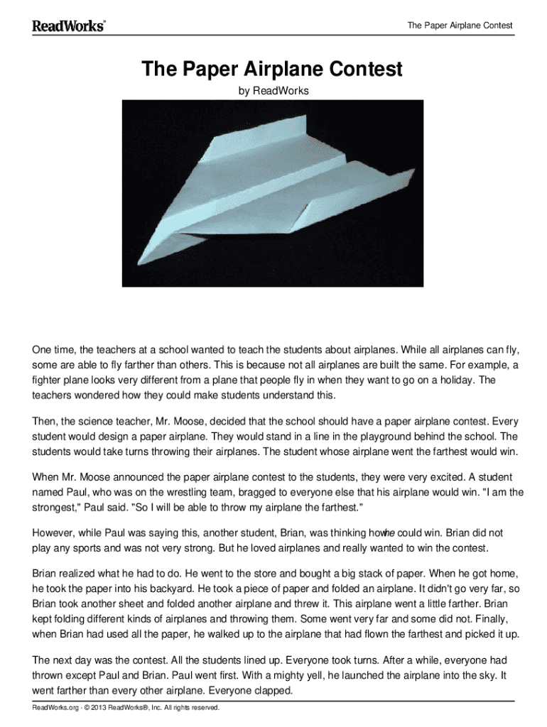 Fillable Online The Paper Airplane Contest - Ark John Keats Academy Fax ...