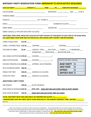 Fillable Online birthday party reservation form (minimum 72 hour notice ...