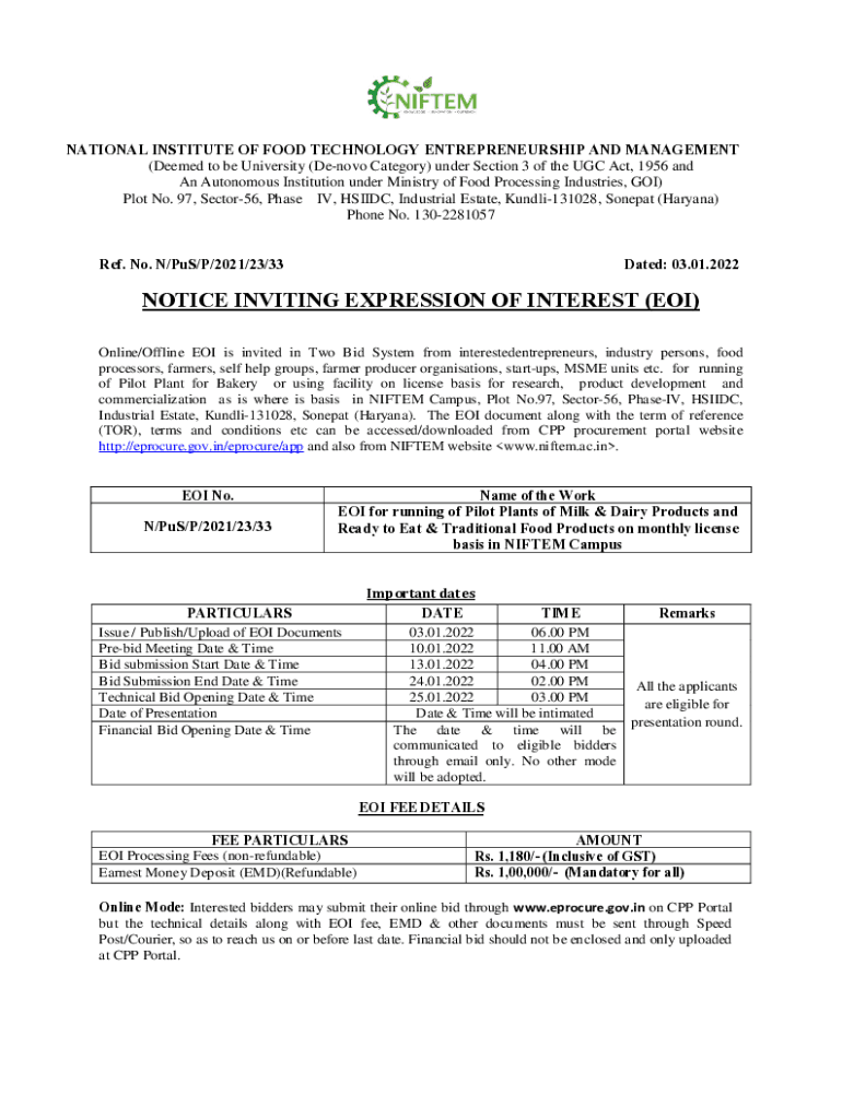 Fillable Online NOTICE INVITING EXPRESSION OF INTEREST (EOI) - Niftem Fax Email Print - pdfFiller