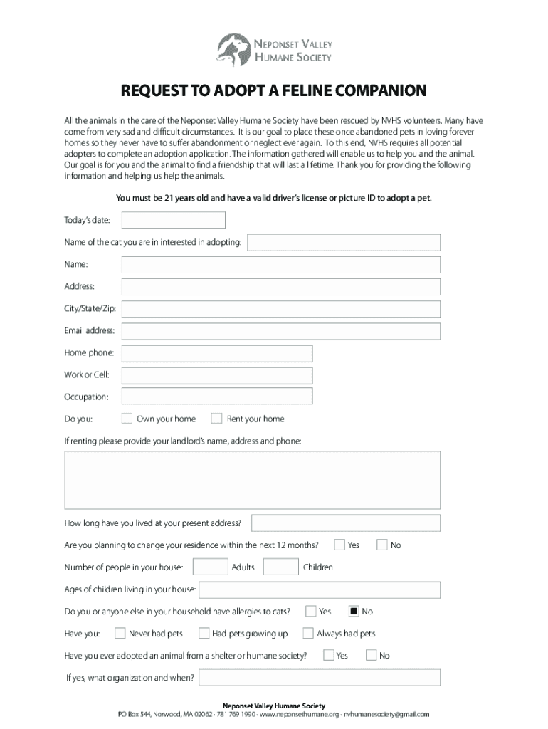 Fillable Online REQUEST TO ADOPT A FELINE COMPANION Fax Email Print - pdfFiller