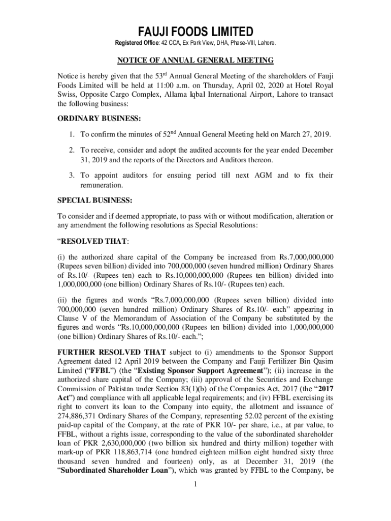 Fillable Online FAUJI FOODS LIMITED Notice for Change of Venue of 53rd ...