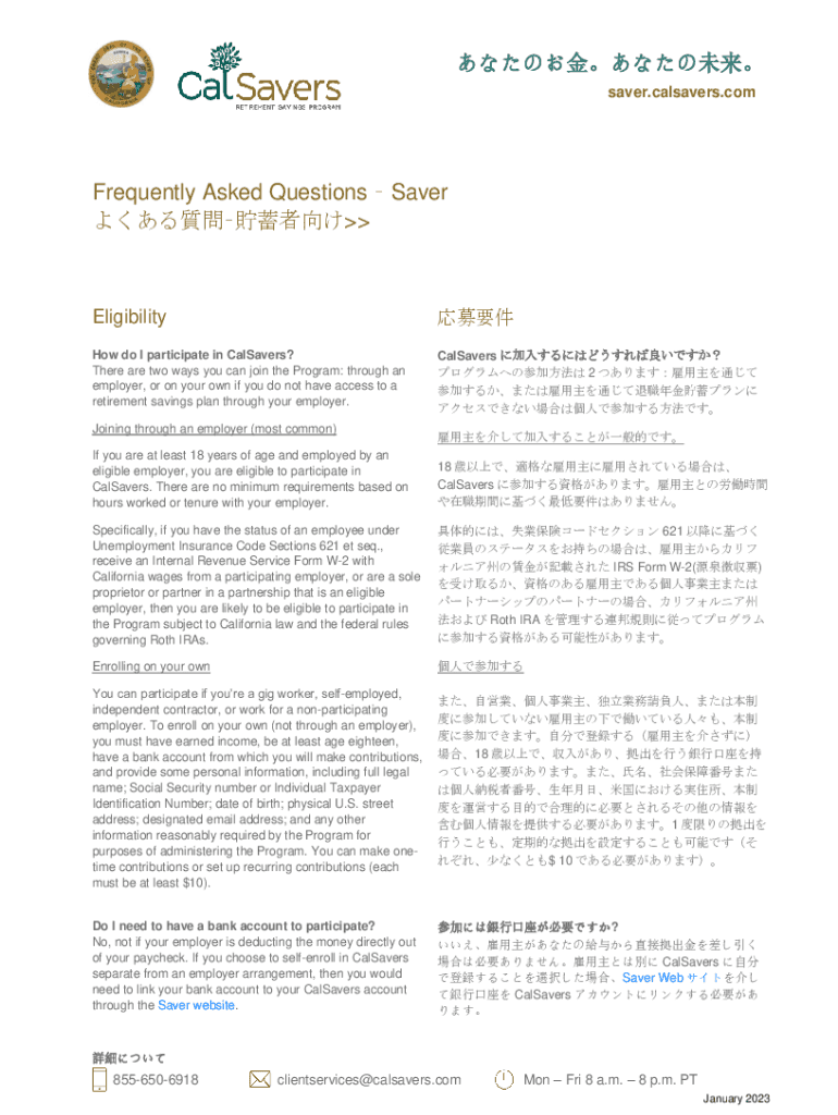 Fillable Online Frequently Asked Questions - CalSavers Fax Email Print ...