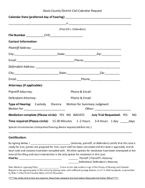 Fillable Online Davie County District Civil Calendar Request Calendar ...