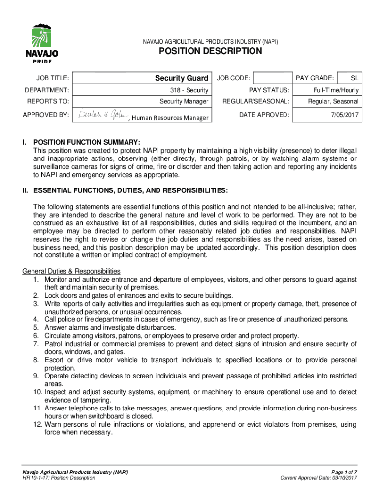 Fillable Online Security Guard Navajo Agricultural Products Industry ...