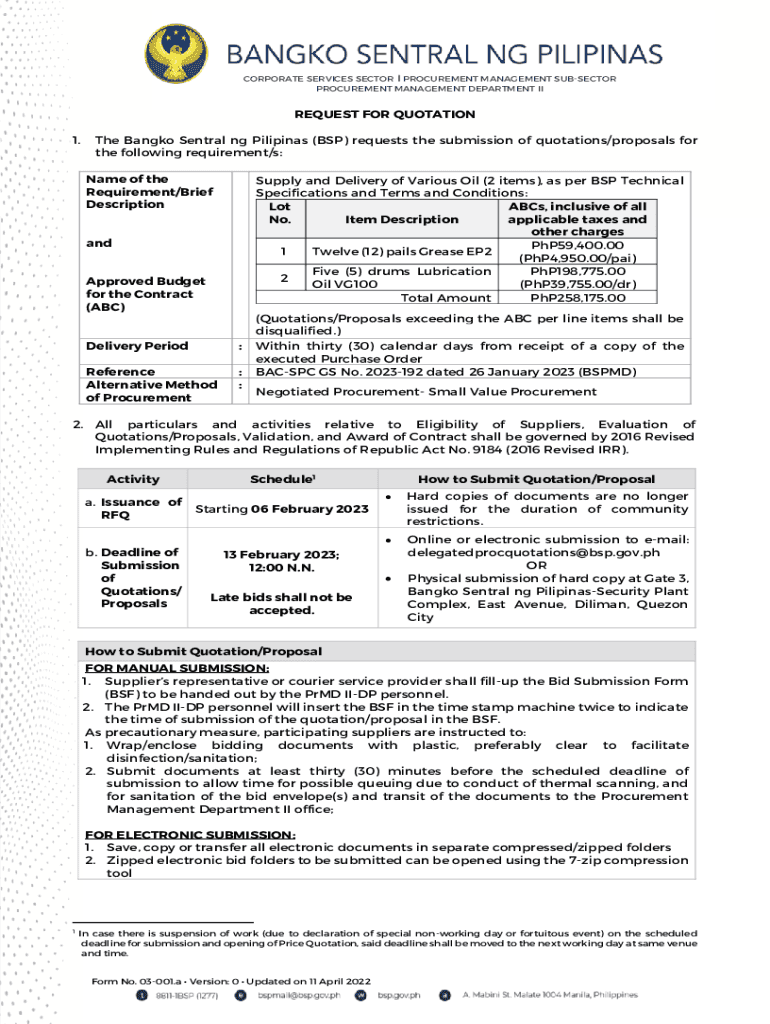 Fillable Online 3rd REQUEST FOR QUOTATION 1. The Bangko Sentral ng ...