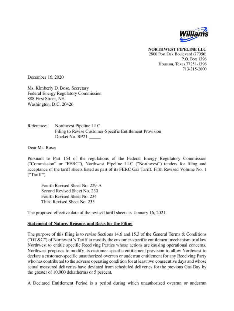 Fillable Online December 16, 2020 Ms. Kimberly D. Bose, Secretary Federal ... Fax Email Print ...