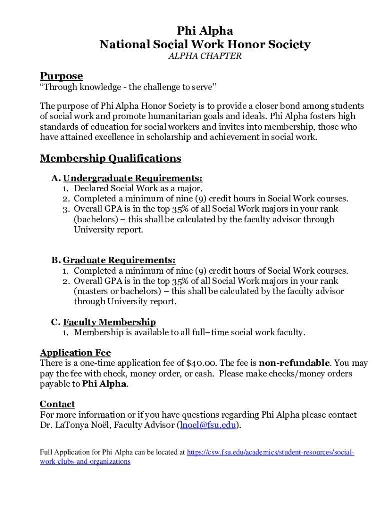 Fillable Online csw fsu Department of Social Work - Phi Alpha National Honor Society Fax Email ...