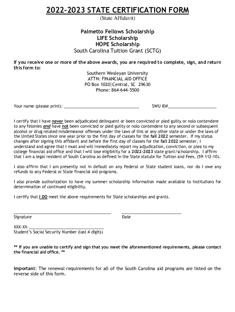 Fillable Online 2022-23 Palmetto Fellows Certification & Affidavit Form ...