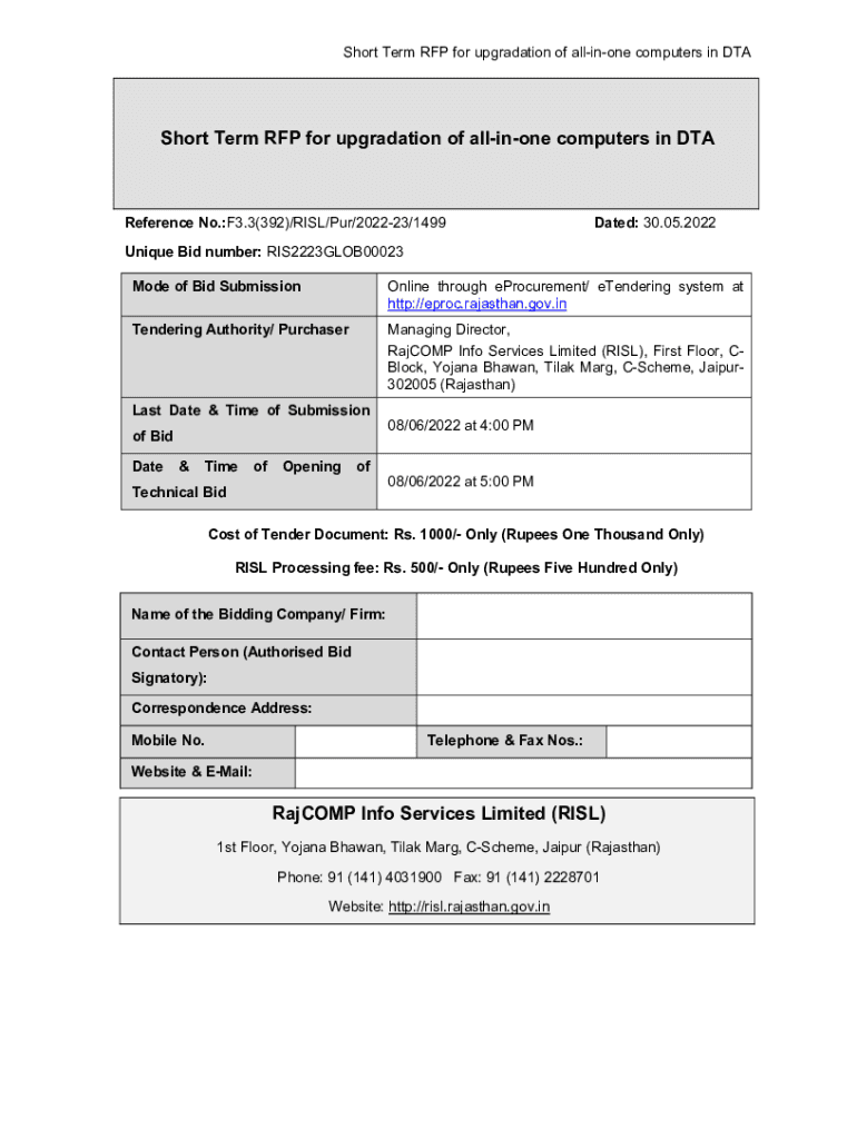 Fillable Online risl rajasthan gov Short Term RFP for upgradation of ...