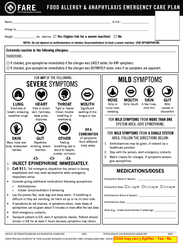 Fillable Online Food Allergy Action Plan - River Bend School District Fax Email Print - pdfFiller