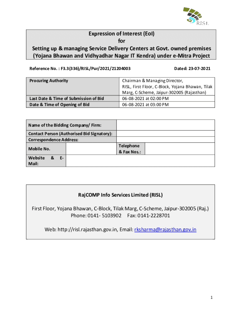 Fillable Online risl rajasthan gov Participation in Expression of Interest (EoI) for setting up ...