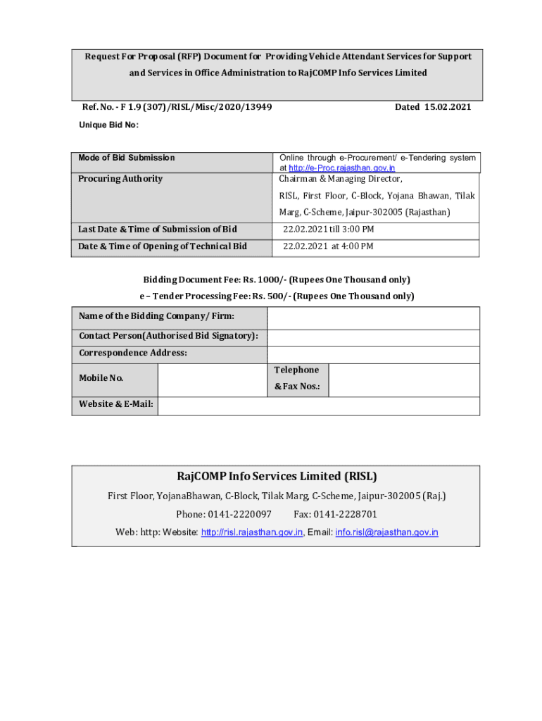 Fillable Online risl rajasthan gov Request For Proposal (RFP) Document for Providing Vehicle ...