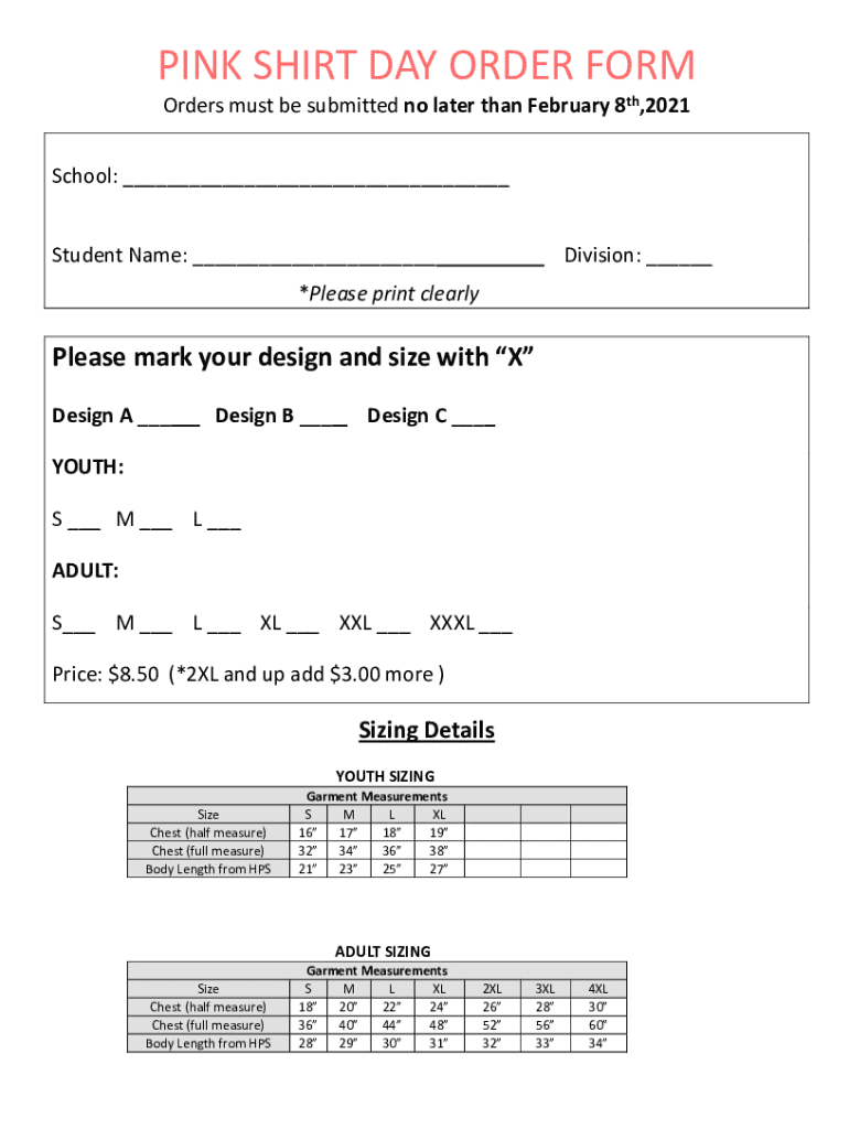 Fillable Online PINK SHIRT DAY ORDER FORM - NET Fax Email Print - pdfFiller